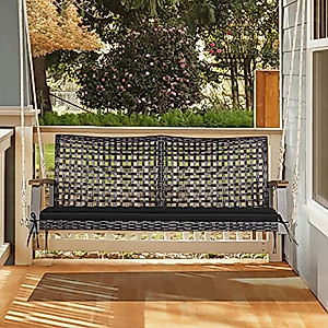 Tangkula 2 Person PE Wicker Porch Swing Bench, Outdoor Hanging Swing with Soft Seat Cushion and Hanging Ropes(Length of 118" for Each Chain), 800 LBS Weight Capacity (Black)