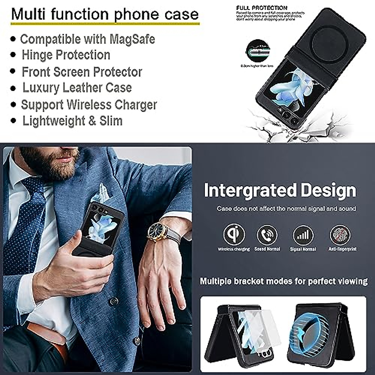 Gufiire for Samsung Galaxy Z Flip 5 Case with Hinge Protection, Front Screen Protector, Carbon Fiber Texture Leather Case Compatible with MagSafe Full Protection Phone Case for Galaxy Z Flip5 (Black)