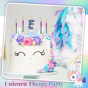 MTLEE Unicorn Birthday Candle Glitter Number Candle Unicorn Cupcake Toppers with 12 Pcs Numeral Rainbow Spiral Candle Purple Birthday Cake Candles for Baby Girl Boy Birthday Unicorn Party (Number 5)