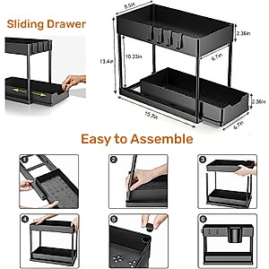 EYOBE Under Sink Organizer 2 Pack, 2-Tier Sliding Cabinet Organizer with Hooks and Hanging Cup, Multi-Use Under Sink Organizers and Storage for Kitchen Bathroom Office Laundry Room, Black