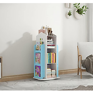 mopam 360° Rotating House Bookshelf 3-Tier Floor Standing Revolving House Bookcase Book Storage Shelf Organizer for Home Office Decor, Blue