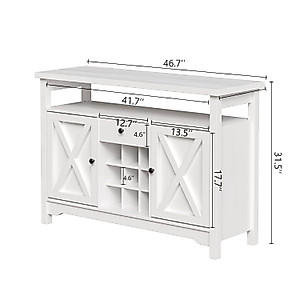 4ever2buy Farmhouse Coffee Bar Cabinet with Storage, White Coffee Bar with Drawer, Kitchen Buffet Cabinet with Barn Door, Wine Bar Cabinet with 9 Wine Racks for Dining, Living Room