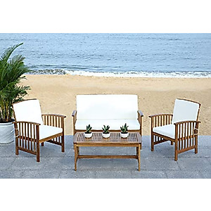 SAFAVIEH Outdoor Collection Rocklin Natural/ Beige 4-Piece Conversation Patio Set with Cushions