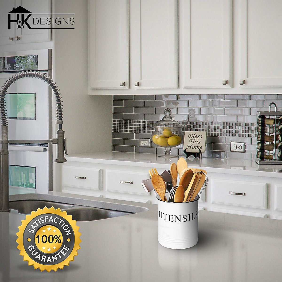 Kitchen Utensil Holder - Farmhouse Decor for Home - White Crock Organizer Caddy - Great for Large Cooking Tools by H+K Designs