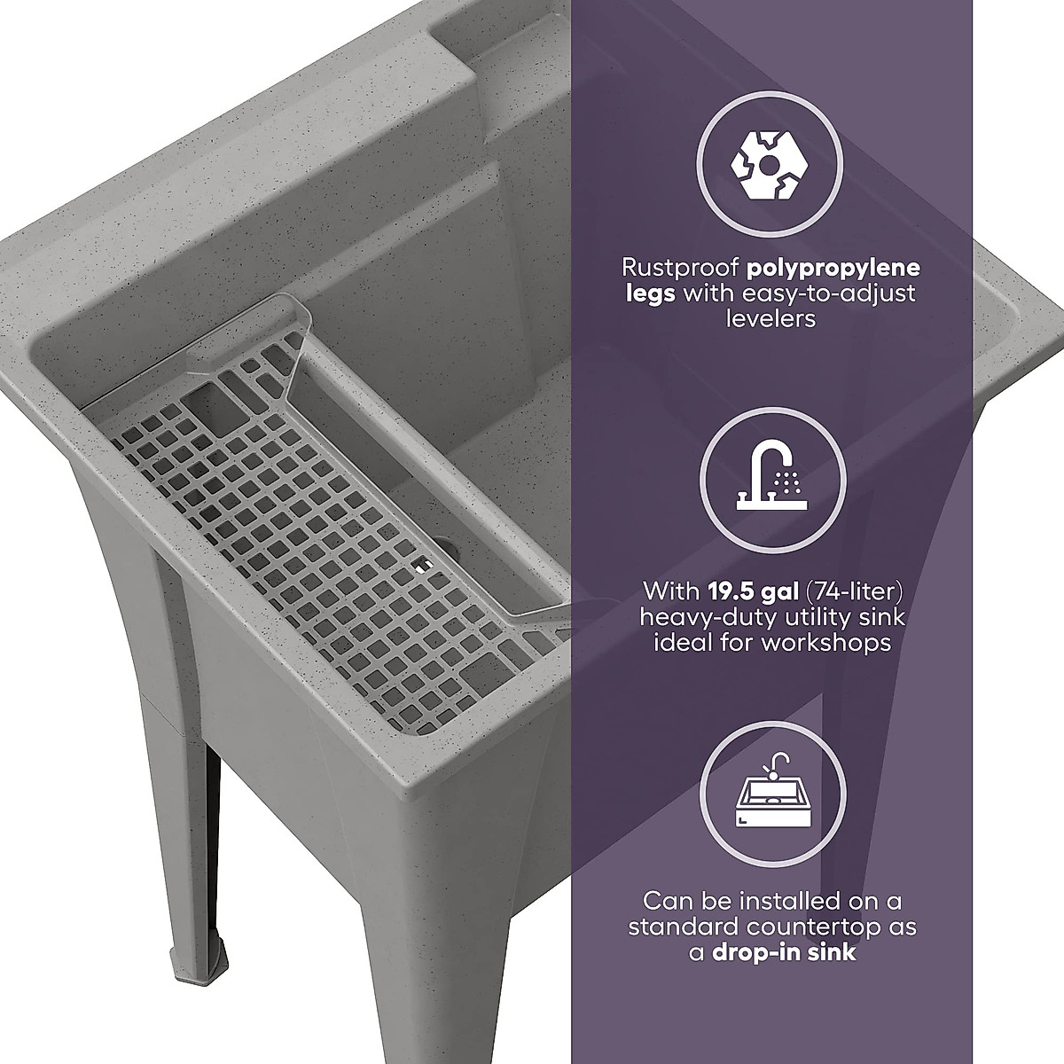 Utility Sink with One-Handle Matte Black Plastic Faucet – Polypropylene Laundry Sink, Grey Garage Sink, Indoor & Outdoor Use – Complete Sink Set by Noah William Home (24” X 22” X 34” 19.5 Gallons)