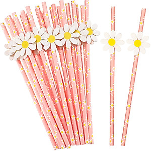 100 Pcs Daisy Paper Straws Daisy Party Decorations Disposable Two Groovy Daisy Straws Flower Straws Floral Pink Straws for Kids Girls Birthday Party Supplies Little Cutie Baby Shower Wedding Decor