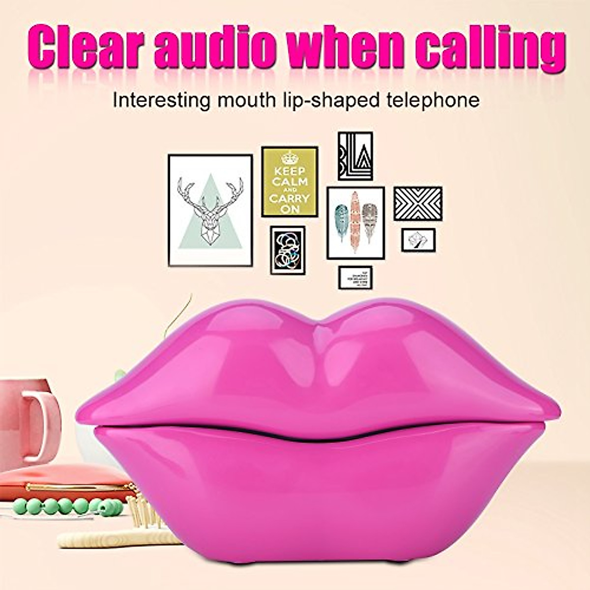 Lips Telephone Novelty Rose Red Mouth Lip Shaped Phone Landline Cute Shining Desk Corded Phone for Home Hotel Office Decoration Kids Girls Gift