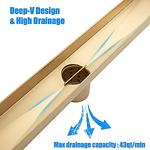 24 inch Linear Shower Drain with Removable Square Hole Panel by Using Brushed 304 Stainless Steel Process, Linear Drain Equipped with Adjustable Feet and Hair Strainer(Brushed Gold Color)