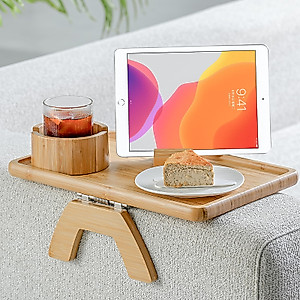 Fabsome Bamboo Couch Arm Tray, TV Dinner Tray for Sofa Loveseats with Cup Holder Phone Tablet Holder, Clip on Armrest Side End Table Replacement for Meal Drink Remote Glasses, with Raised Edges