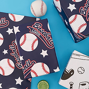 CAMKUZON Reversible Baseball Wrapping Paper for Birthday Celebration Party - 3 Large Sheets Cartoon Baseball Sports Themed Gift Wrap Paper - 27 Inch X 39.4 Inch Per Sheet