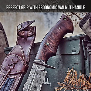 BIGCAT ROAR Handmade Damascus Hunting Knife - Bushcraft Fixed Blade Hunting Knife with Sheath and Walnut Wood Handle - 10″ EDC Skinning Knife - Beast Hunter