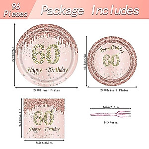 96PCS 60th Birthday Party Tableware Set 60th Birthday Party Supplies 60th Birthday Plates and Napkins 60th Birthday Party Decorations for Women Pink Rose Gold Birthday Plates Napkins Forks Serve 24
