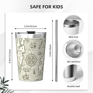 PAYOHTO Vintage Nautical Route Map Insulated Stainless Steel Tumbler 12 oz Thermos Come with Straw Kids Leak-Proof Travel Mug Cup