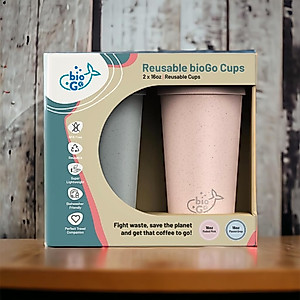 bioGo Reusable Coffee Cups - Faded Pink & Pastel Gray - 16oz x 2 - Microwave & Dishwasher Safe - Perfect for Couples