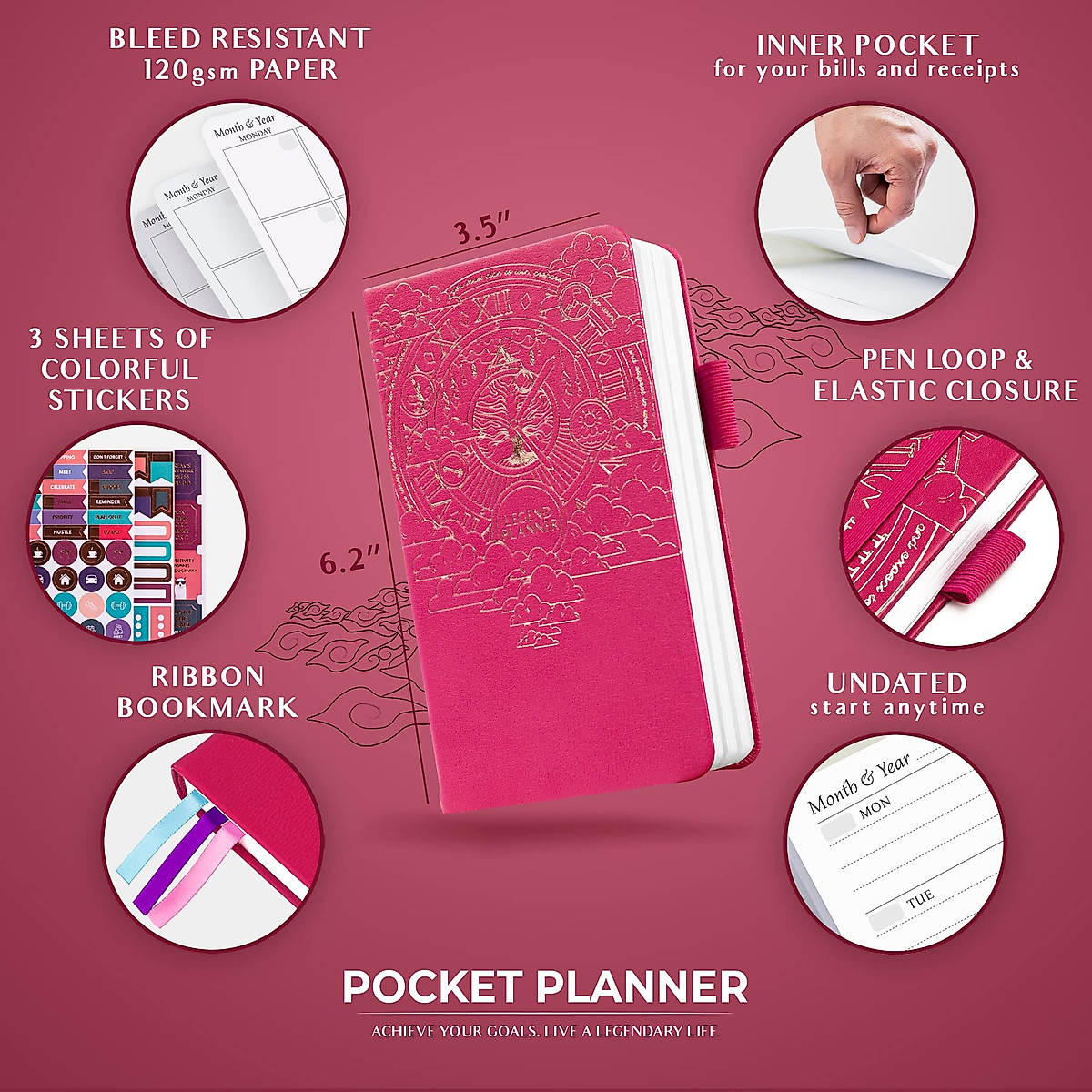 Legend Planner Pocket – Small Undated Monthly & Weekly Goal Journal and Calendar for Productivity, Mini Life Organizer Planner Perfect for Purse, Size: 3.5" x 6.2" Hardcover – Hot Pink
