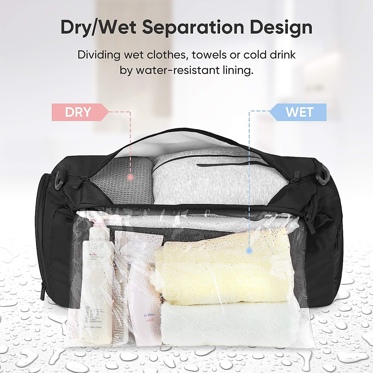 BALEINE Gym Bag for Women and Men, Small Duffel Bag for Sports, Gyms and Weekend Getaway, Waterproof Dufflebag with Shoe and Wet Clothes Compartments, Lightweight Carryon Gymbag (Black)