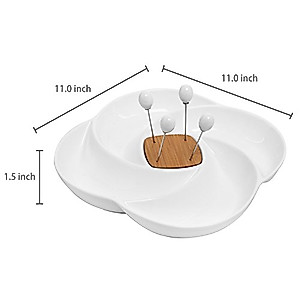 MyGift Decorative White Ceramic Charcuterie Platter Appetizer Olive Bowl Serving Tray with Food Picks and Wood Holder