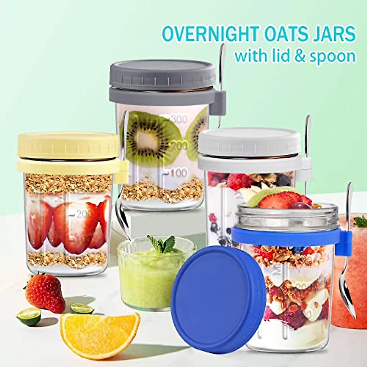 Alitake Overnight Oats Container with Lid and Spoon - 16 oz Glass Overnight Oats Jars with Measurement Mark - 4 Pcs Portable Large Capacity Airtight Mason Jars for Overnight Oats, Cereal, Milk, Fruit