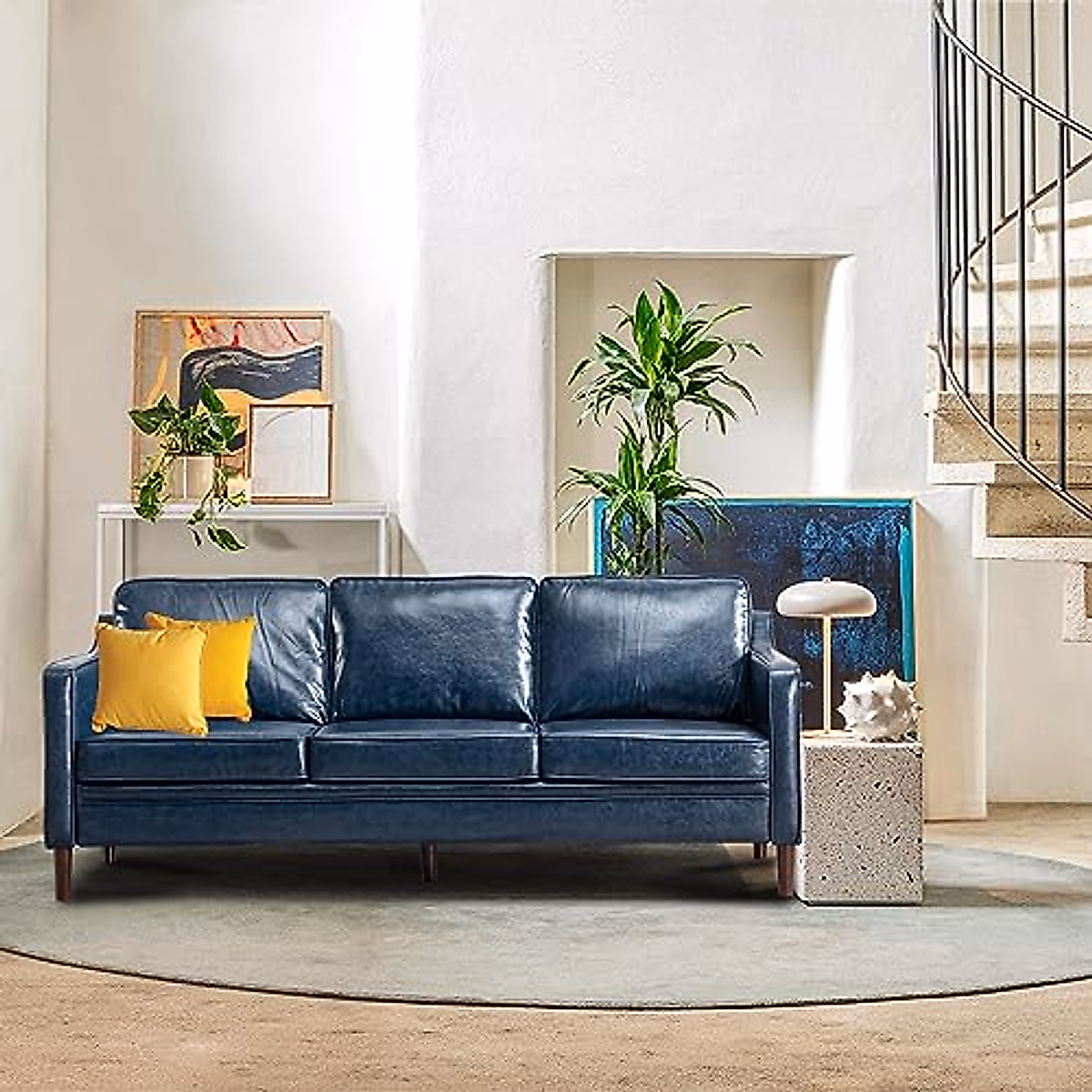 NATUREFOLLOW Sofas for Living Room, Mid Century Modern Couch with 3 Deep Seater, Size 79"x32"x33", Faux Leather, Comfy Couch for Living Room, Small Spaces, Apartment (Navy)
