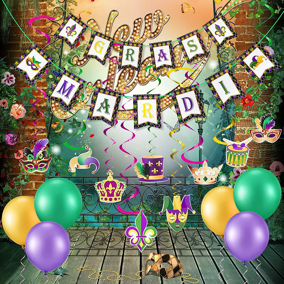43 Pieces Mardi Gras Hanging Decorations Kit Included New Orleans Pennant Banner 18 Pieces Mardi Gras Hanging Swirls and 24 Pieces Mardi Gras Latex Balloons for Mardi Gras Party Decorations Supplies