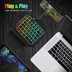 FELICON One Handed Gaming Keyboard and Mouse Combo, Rainbow Backlit 39 Keys Portable Small Mechanical Feel Keyboard with Wrist Rest Support, RGB Backlight 6 Buttons Adjustable Mice for PC Gamer