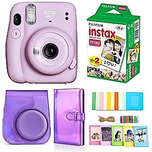 Fujifilm Instax Mini 11 Instant Film Camera, Fuji Instax Mini Film 10 Sheets, Color Frames for Mini Prints, Gift Bundle (Purple - 2)