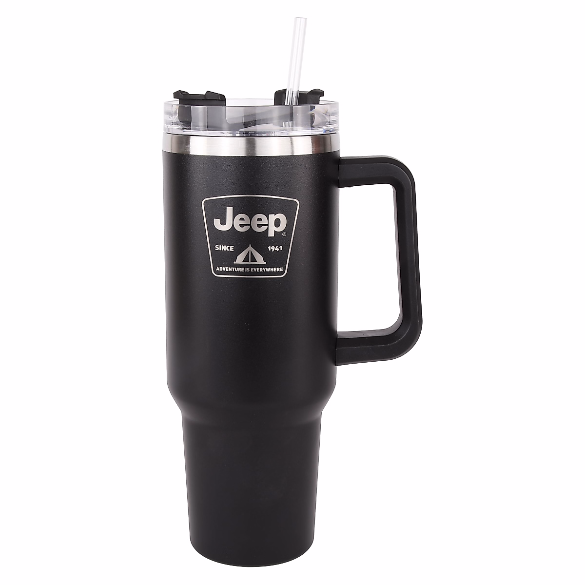 Jeep Adventure is Everywhere Since 1941 Tent Badge Logo 40 oz Insulated Travel Mug Tumbler with Handle | Double Wall Vacuum Sealed Stainless Steel Cup w/Straw and Lid (Black)