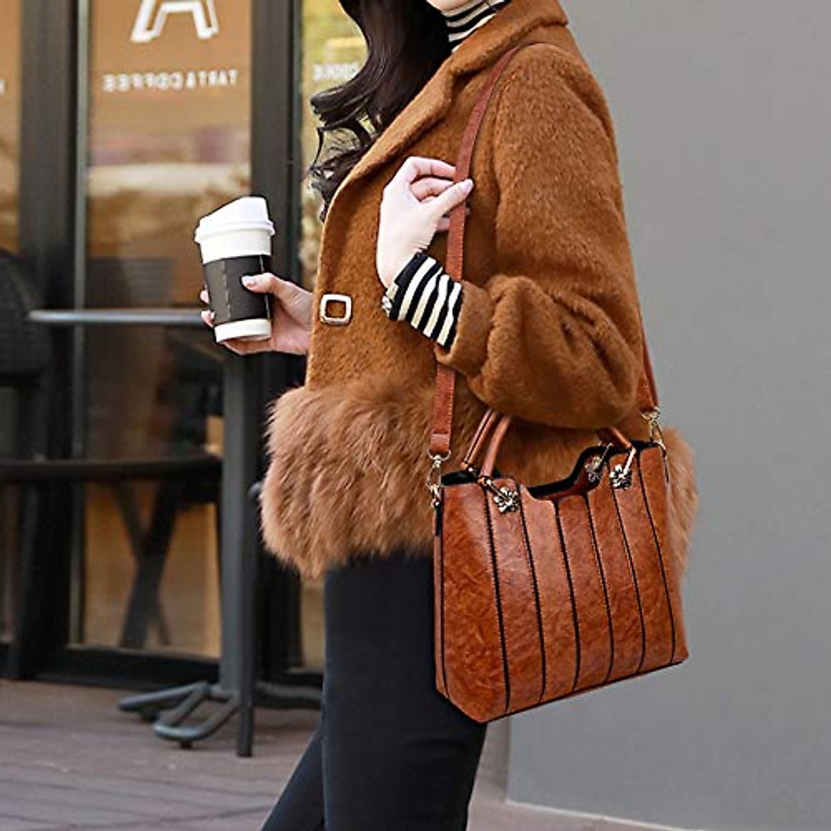 rofozzi Brown Lane Vegan Leather Purse - Top Handles Women Handbag - Medium Faux Leather Shoulder Tote - Everyday Use Multi-Compartment, Water-Resistant Crossbody Bag - Birthday Gift for Wife, Mother