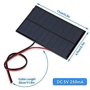 2pcs Mini Solar Cell Panel Module, Epoxy Power Supply Systerm Charger Battery DC 5V 250mA with Cable Length 30cm/11.8in