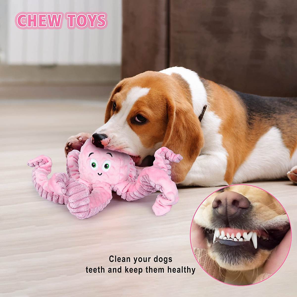 BUYPOW Dog Squeaky Toys Octopus - Tough Plush Large Medium & Small Dog Toys - Stuffed Animals Puppy Toys - Funny Cute Dog for Dog Birthday Presents (Octopus Pink)