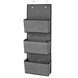 mDesign Fabric Hanging Organizers for Over The Door Storage in Bedroom/Hallway Closets, 3 Pocket Organizer Caddy, Hooks for Clothing, Accessories, Lido Collection, Textured Print, Charcoal Gray/Black