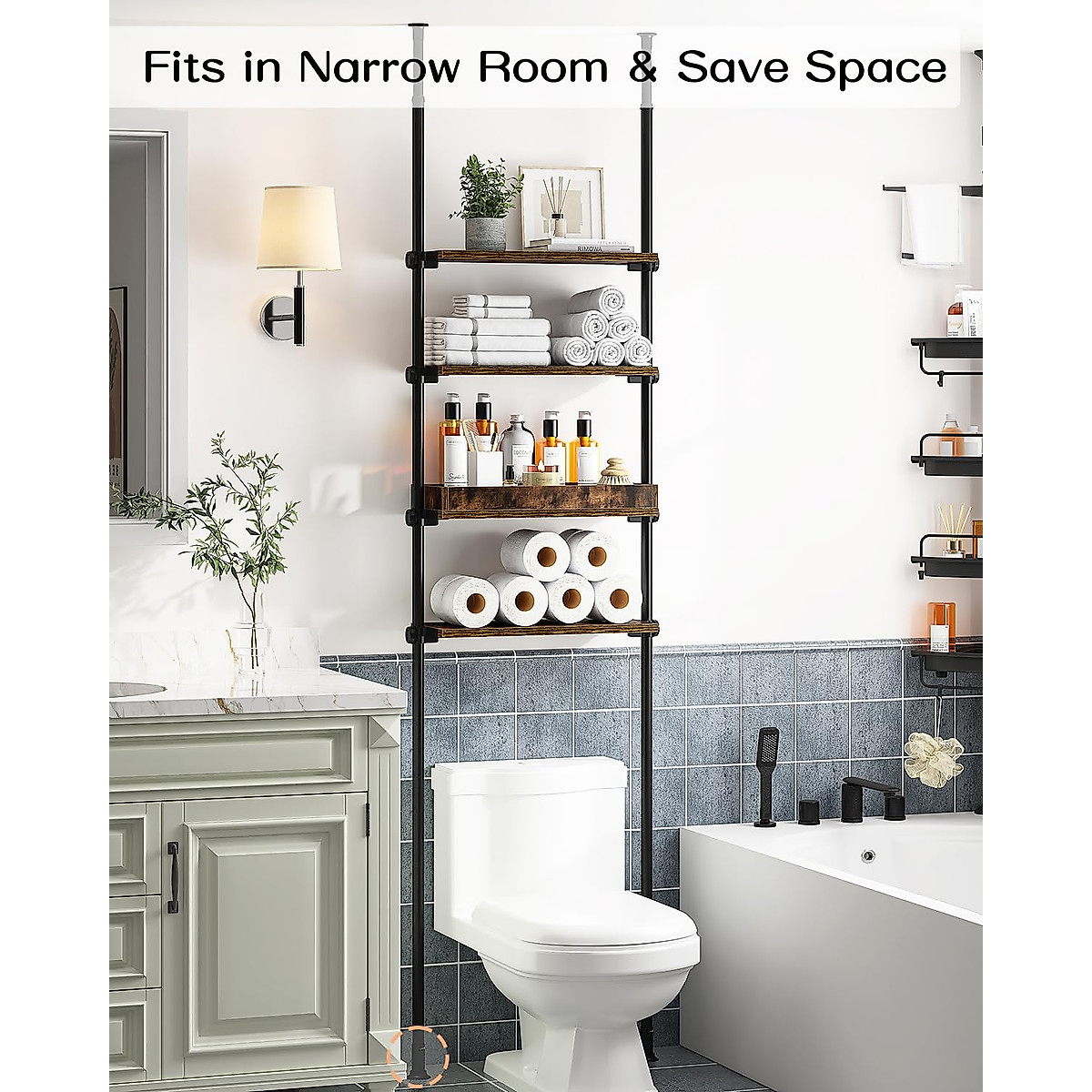 ALLZONE 4-Tier Over The Toilet Storage Shelf, Wood Bathroom Organizer Over Toilet Cabinet with Adjustable Shelf, Versatile Rack Fits Most Tight Space, Easy Assembly, 92" to 116" Height, Rustic Brown