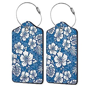 2 Pack Leather Luggage Tag for Suitcase Blue Hawaiian Hibiscus Flowers Tropical Suitcase Tag with Privacy Cover ID Label & Stainless Steel Loop for Women Men Suitcase Baggage,Travel Tags for Luggage
