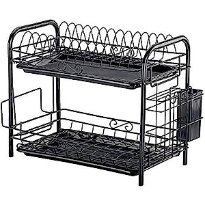Plate Rack Dish Drainer Rack 2-Layer Chrome Kitchen Drainer Organizer with Utensil Holder/Drain Board/Cutting Board Bracket 2-Layers Pan Plate Holder (Color : Black, Size : 56x23x35cm)