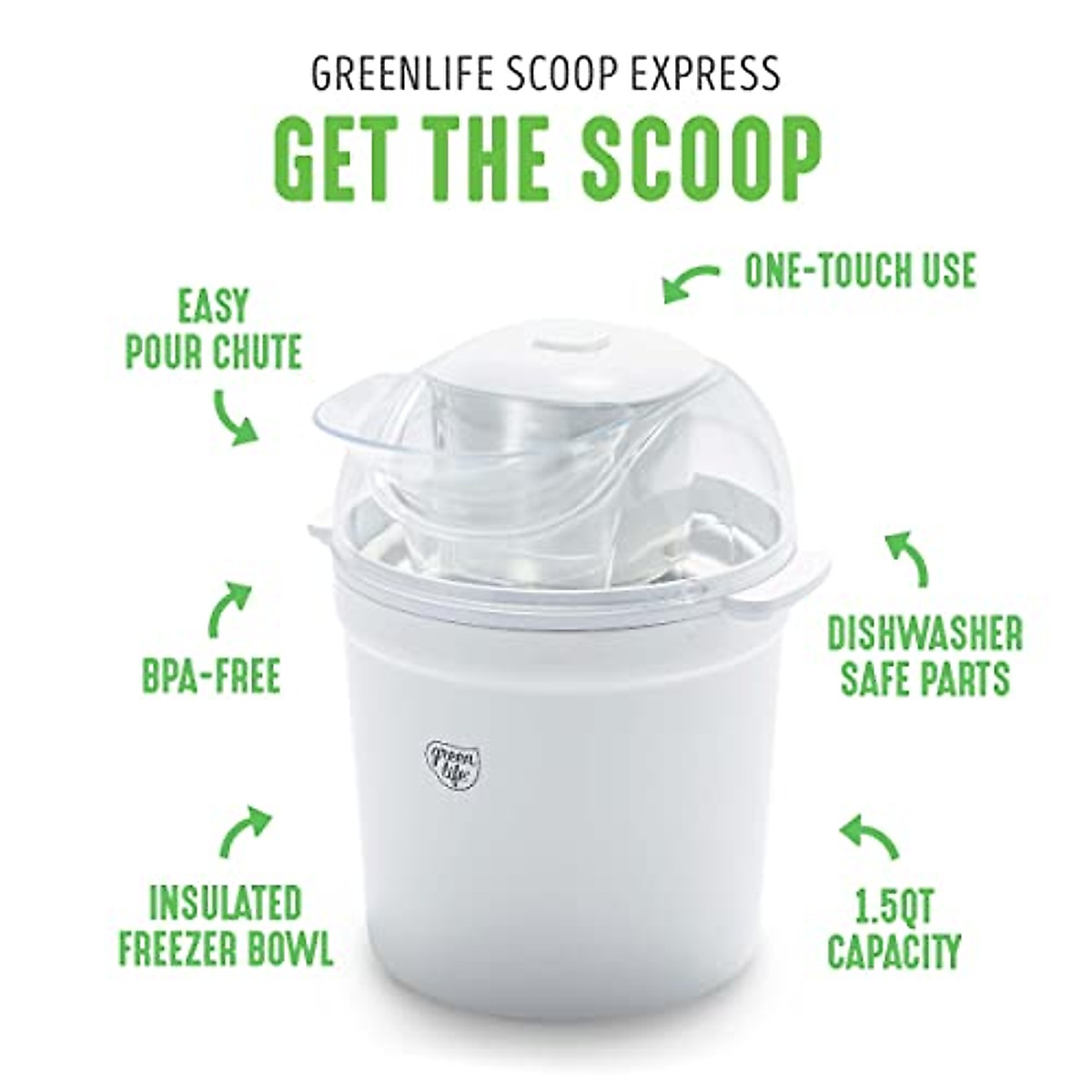 GreenLife 1.5QT Electric Ice Cream, Frozen Yogurt and Sorbet Maker with Mixing Paddle, Dishwasher Safe Parts, Easy one Switch, BPA-Free, White