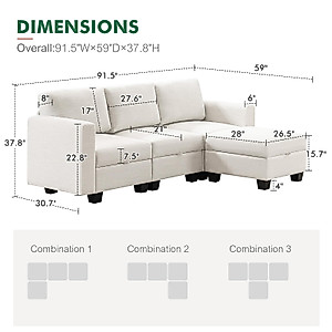 WACASA Convertible Sectional Sofa Couch with Storage, 3 Seat Sofa Modern Linen Fabric Upholstered L-Shaped Couch with 91.5'' Wide Seat, Comfy Sofa Sleeper Couches for Living Room Bedroom, Ivory