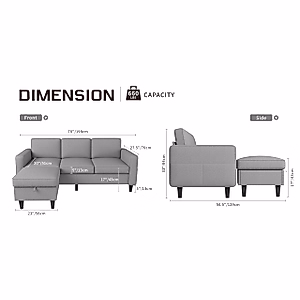 Youmumeub Convertible Sectional Sofa Couch, L-Shaped Couch 3-Seat Sofa with Storage Reversible Chaise, Sectional Couches for Living Room, Apartment and Small Space (Light Gray)