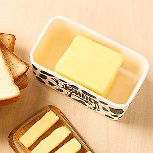 Lumicook Ceramic Butter Dish with Wooden Lid, Large Butter Container Keeper Storage with Stainless Steel Butter Knife Spreader, Bamboo Cover and Silicone Sealing Ring for Coast Butter (Black)