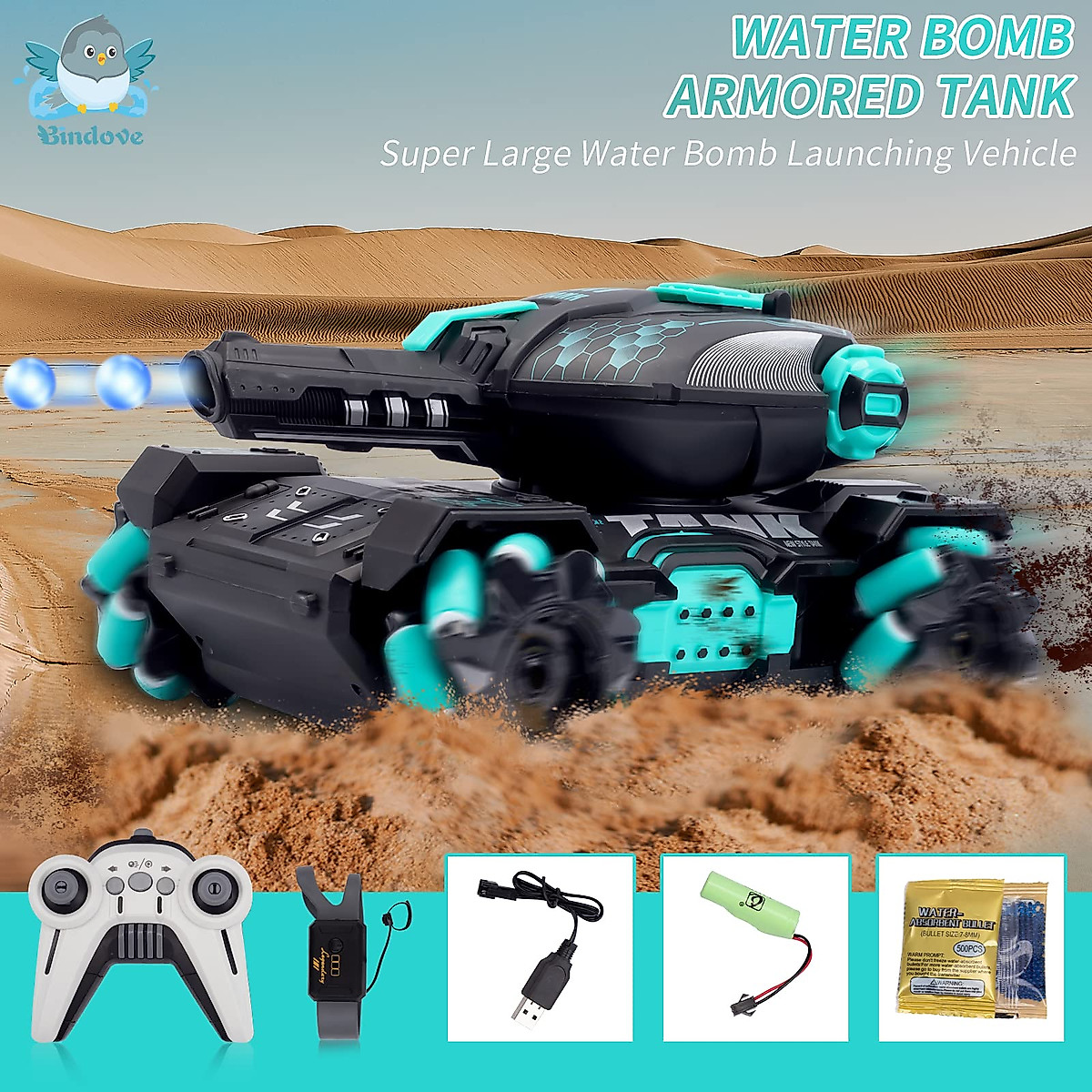 Bindove RC Stunt Tank with Light, Watch Gesture Sensor RC Tank Toy, 360 Rotation Remote Control Stunt Car Shooting Water Bullets, Gifts for Children (Black and Cyan)