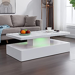 TABU Modern Led Coffee Table, High Gloosy Coffee Table with 12 Colors Lights, Rectangle Smart Table, Living Room Center/End Table with Lights, Living Room Table Furniture (White)