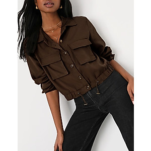 Vimyig Women's Lightweight Black Cropped Utility Jacket Military Safari Button Down Anorak Coat with Pockets(Brown-M)