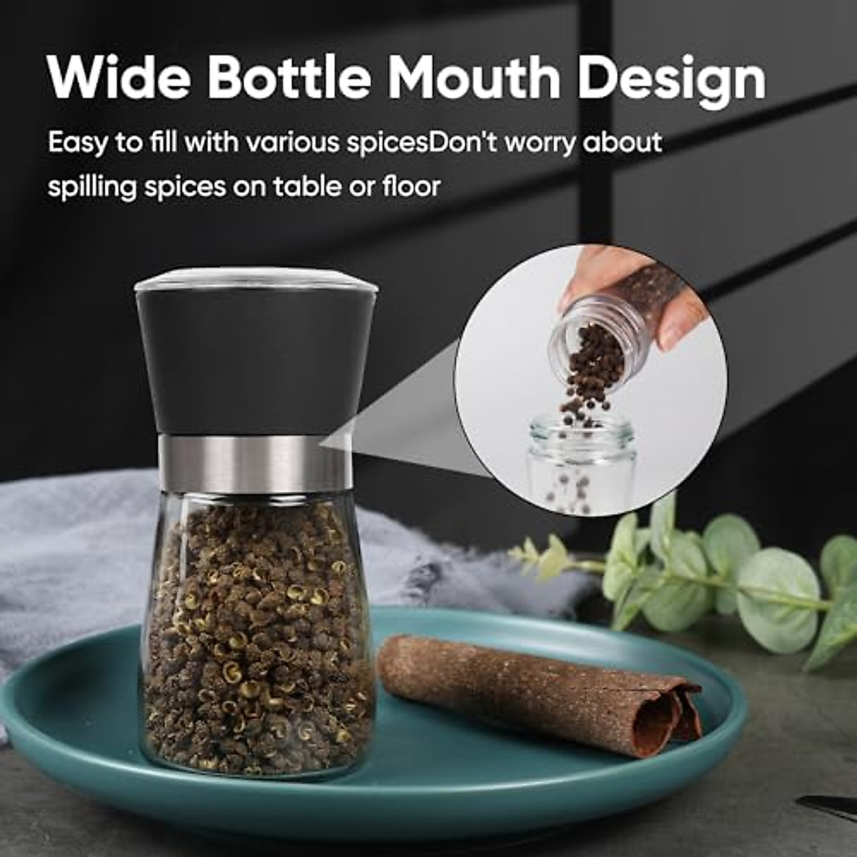 Pepper Grinder Pepper Mill, Salt Grinder Refillable,(Single Package) Adjustable Coarseness Black Pepper Grinder, Stainless Steel Sea Salt Shaker with Ceramic Rotor(black lid short)