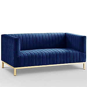 Posh Living Hayden Velvet Tuxedo Loveseat with Y-Metal Base in Navy Blue/Gold