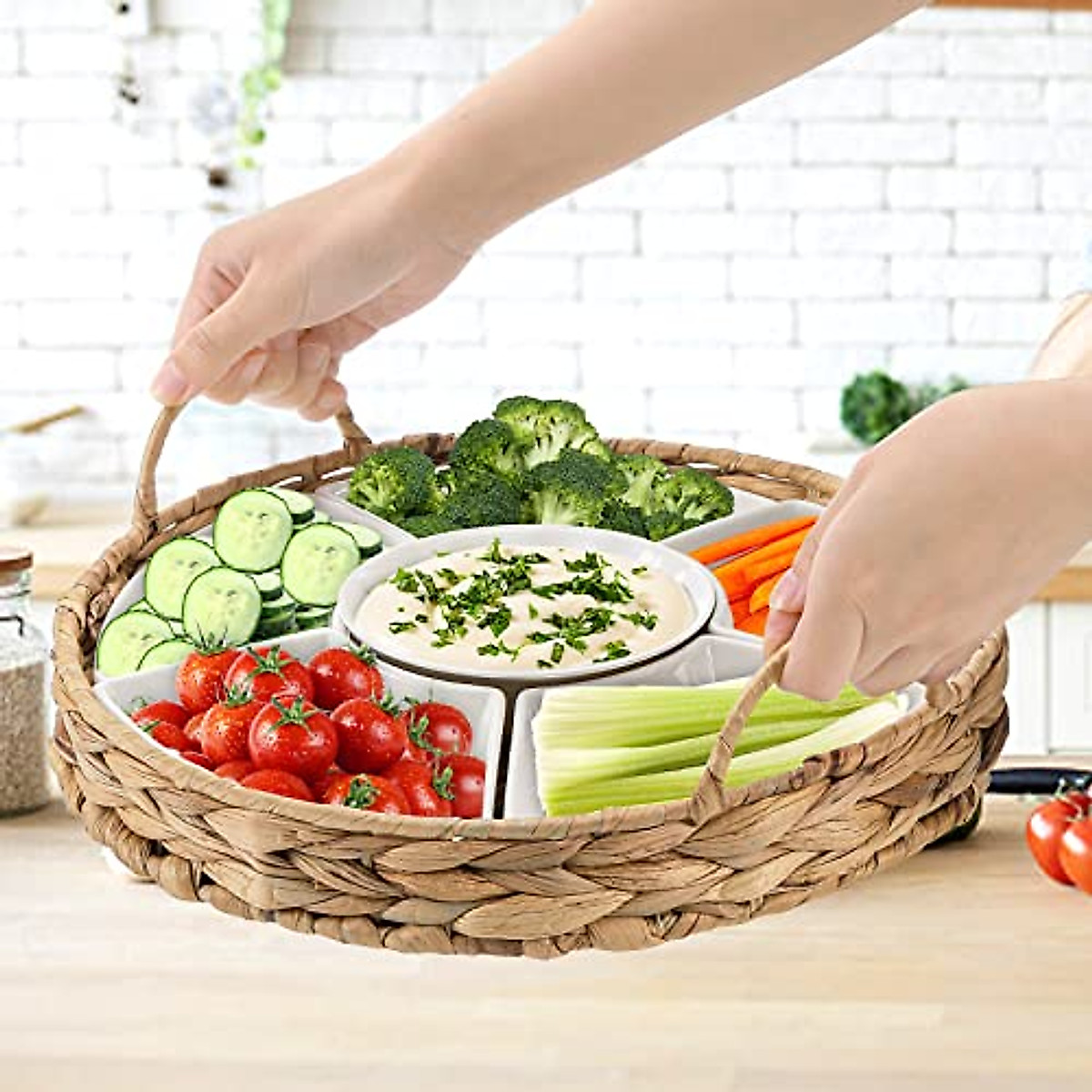 AVLA Ceramic Divided Serving Dishes, Porcelain Relish Tray, Party Appetizer Platter, 6 Removable Snack Bowls with Cattail Basket for Chips and Dips, Candy, Nut, Condiment, Veggie, Portable Handle