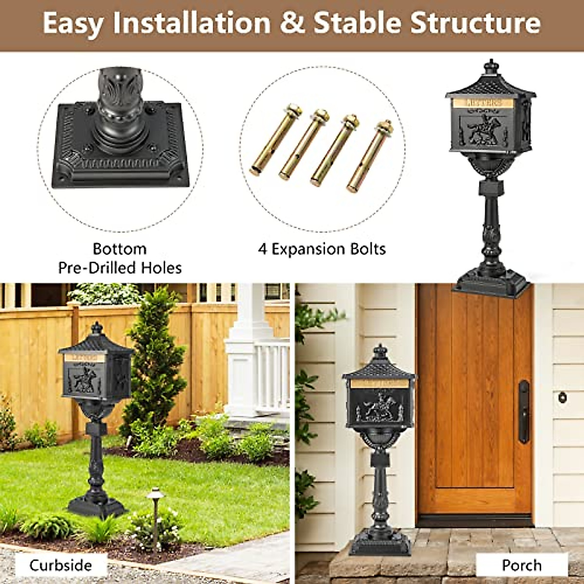 Giantex Cast Aluminum Mailbox with Post - Locking Residential Mailboxes for Outside with Keys, Baffle Door, Expansion Bolts, Address Panel, In-Ground Rust-Proof Large Security Postal Mailbox (Black)