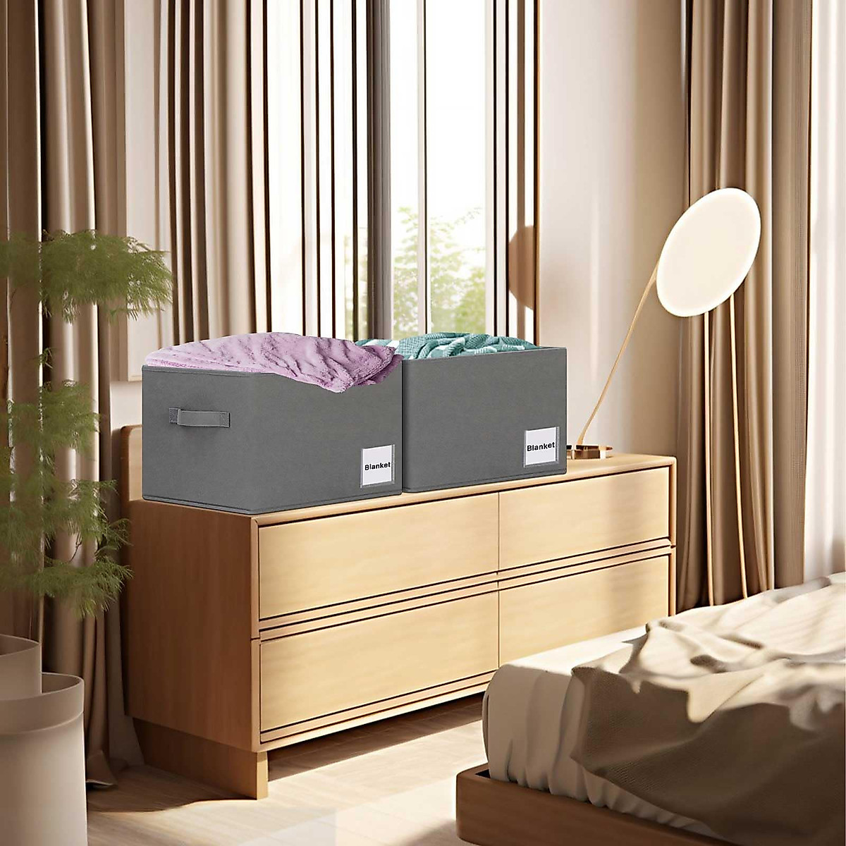 ASXSONN Large Fabric Storage Bins 3 Pack, Collapsible Closet Storage Bins for Shelves with Label, 15x11in Storage Baskets for Shelves, Fabric Closet Organizers and Storage Bins with Handles (Grey)