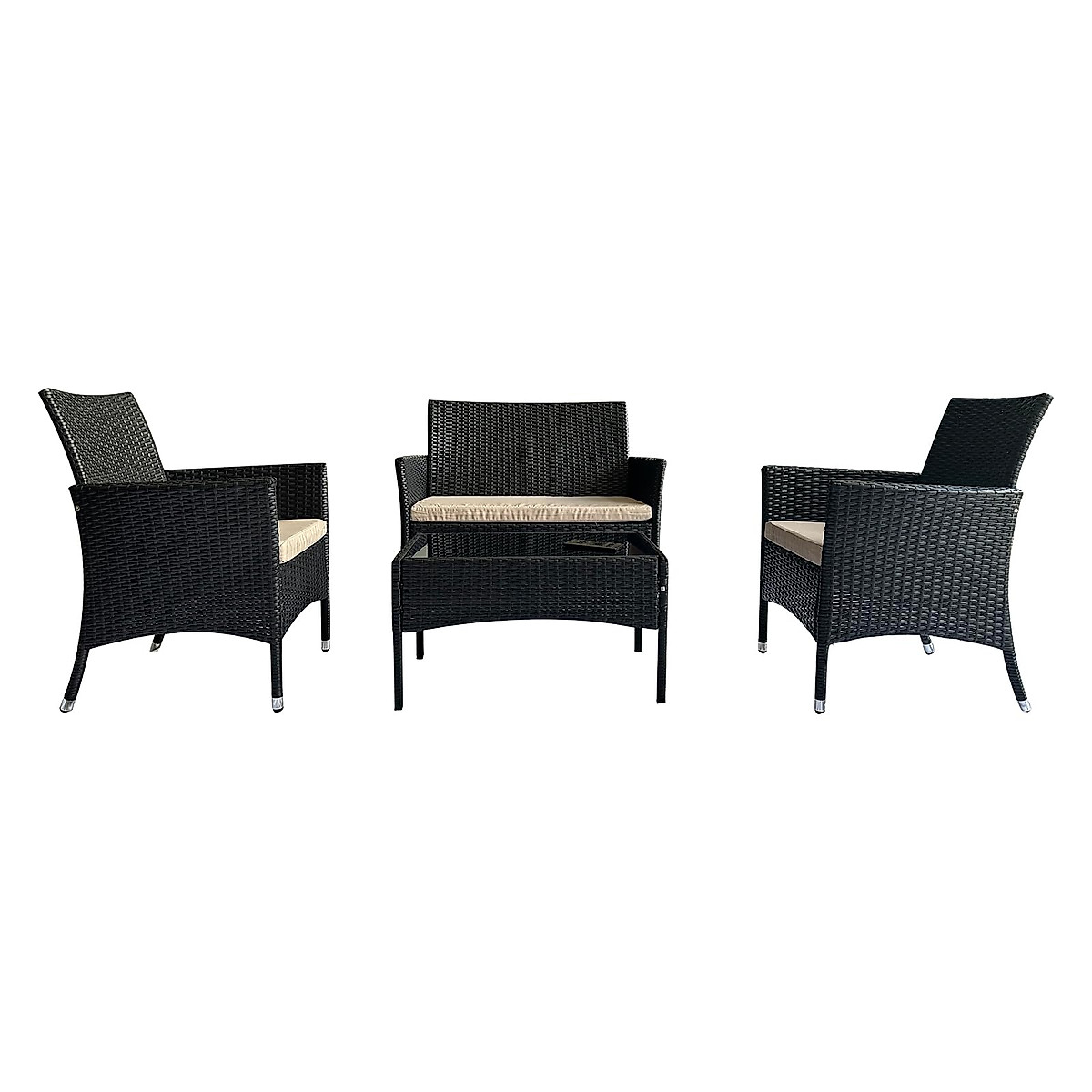 Peacabo 4 Piece Patio Furniture Set Sectional Table Chair, Wicker Sofa with Armrest Chair Loveseat and Rattan Side Table, Outdoor Conversation Sets for Garden Lawn Pool or Backyard, Coffee/Beige