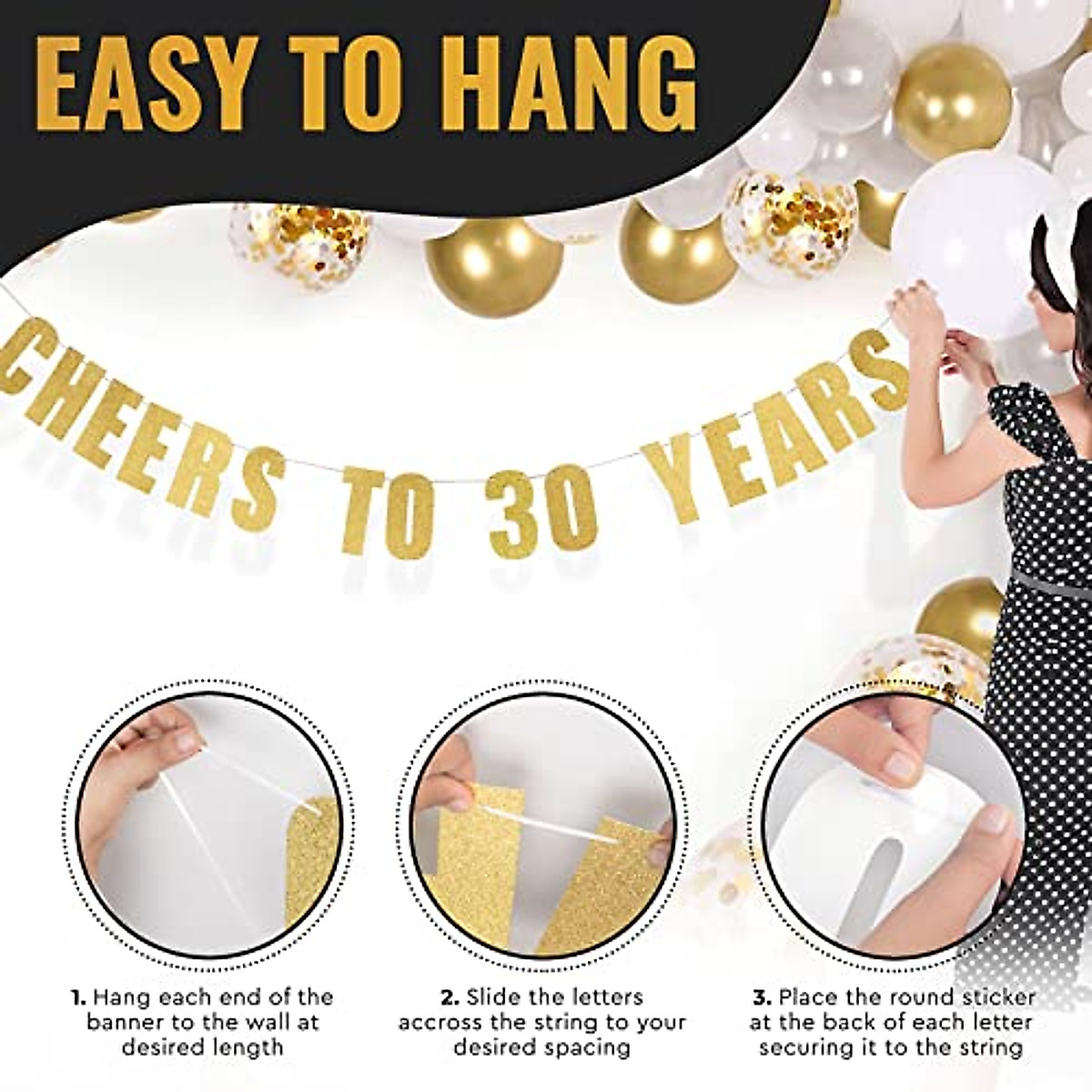 Pre-Strung Cheers to 30 Years Birthday Banner (Gold) - Dirty 30 Birthday Decorations for Him , 30th Birthday Decor , 30th Anniversary Decorations , Mens 30th Party Decorations & Supplies - By Prazoli