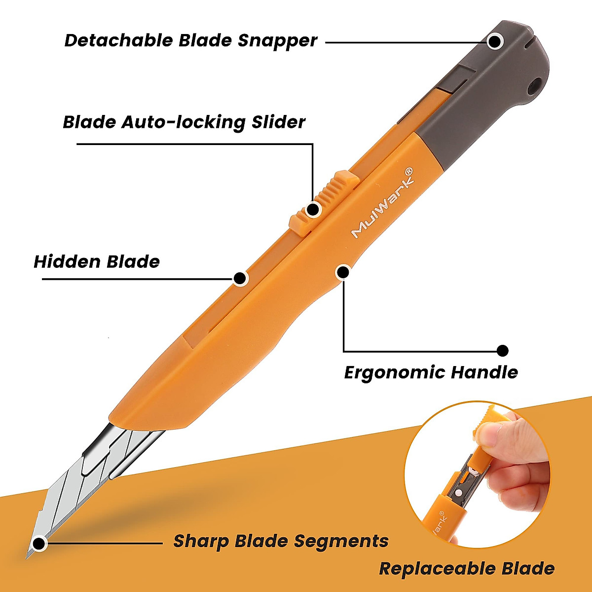 Mulwark 11PC Box Cutter Retractable Utility Knife Set - Heavy Duty Craft Knife with 10PC Sharp Snap-off 9MM 30 Degree Blades for Precision Cutting