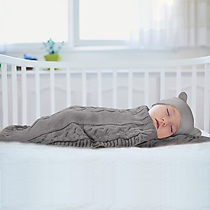 Zhanmai Newborn Baby Wrap Swaddle Blanket Knit Sleeping Bag Receiving Blankets Stroller Wrap Hat Mitten for Baby 9-12 Months